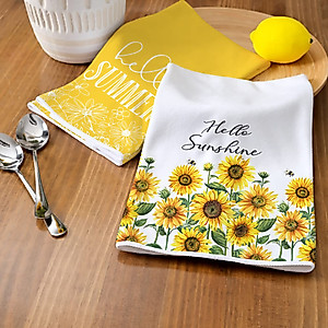 GEEORY Kitchen Towels for Summer Decor Hello Summer Sunflowers Dish Towels 18x26 Inch Ultra Absorbent Bar Drying Cloth Hand Towel for Kitchen Bathroom Party Home Decorations Set of 2