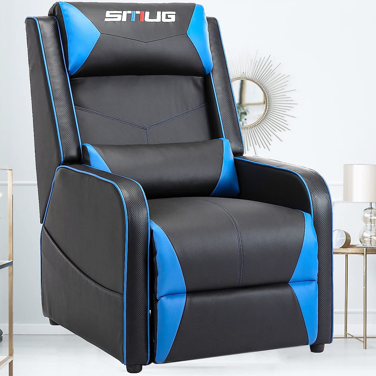 Gaming Recliner Gamer Chair for Adults - PU Leather Sofa with Footrest Comfortable Movie Theater Chairs Ergonomic Single Couch for Living Game Room- Black/Blue