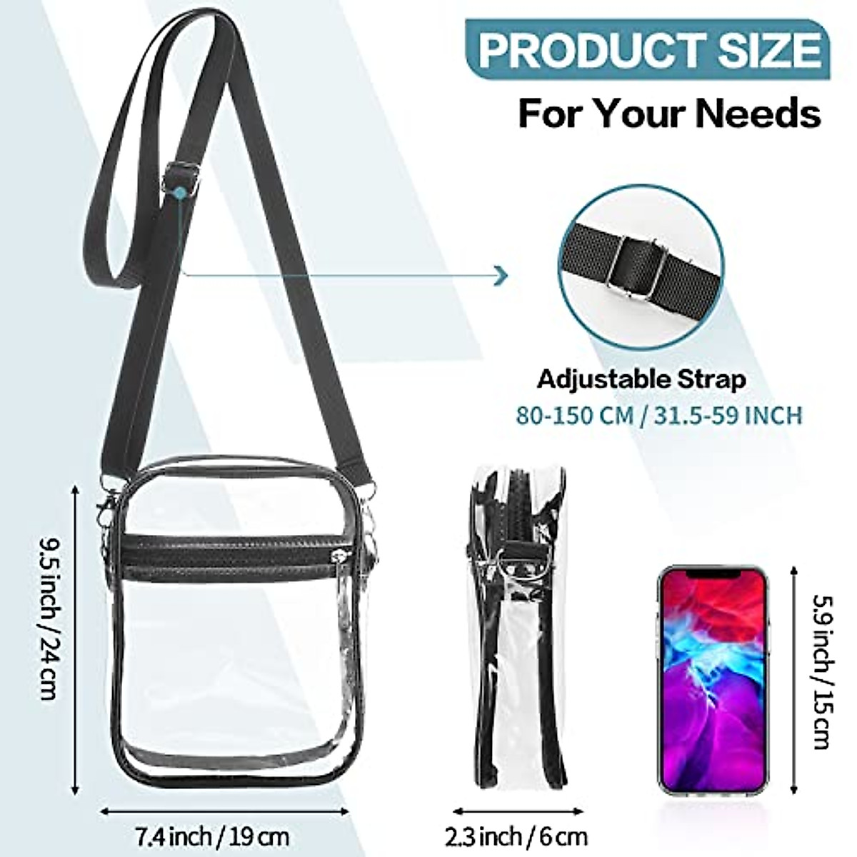 HAOGUAGUA Clear Crossbody Purse Bag, Stadium Approved with Front Pocket for Concerts, Festivals Sports (Black)