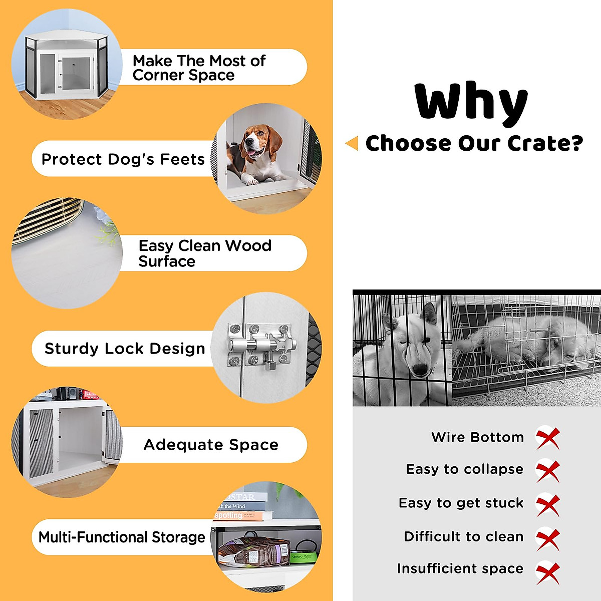 Dreamania Corner Dog Crate Furniture with Storage, 51.3" Upgraded Modern Dog Cage, End Table, Indoor Pet Crate Small Medium Large Dogs, White, Perfect for Limited Room