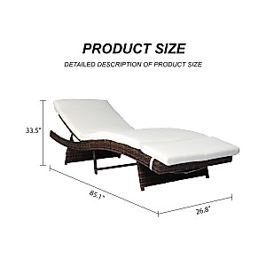 LHBcraft Wicker Chaise Patio Lounge Chair, 5 Position Adjustable Backrest and Cushions Outdoor PE Rattan Wicker Lounge Chair (3 pcs), Brown-beige