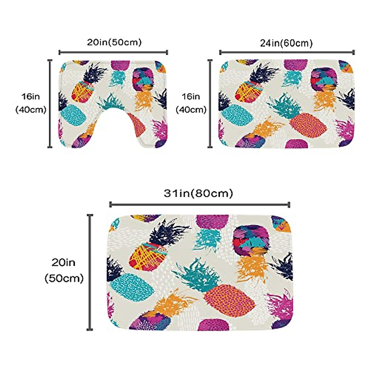 Kntiline Pineapple Bathroom Rugs and Mess Colorful Graffiti Mats Sets 3 Piece, Velvet Memory Foam Tropical Fruit Theme Bath Mat, Large Small and U-Shaped Contour Shower Mat Non-Slip Washable