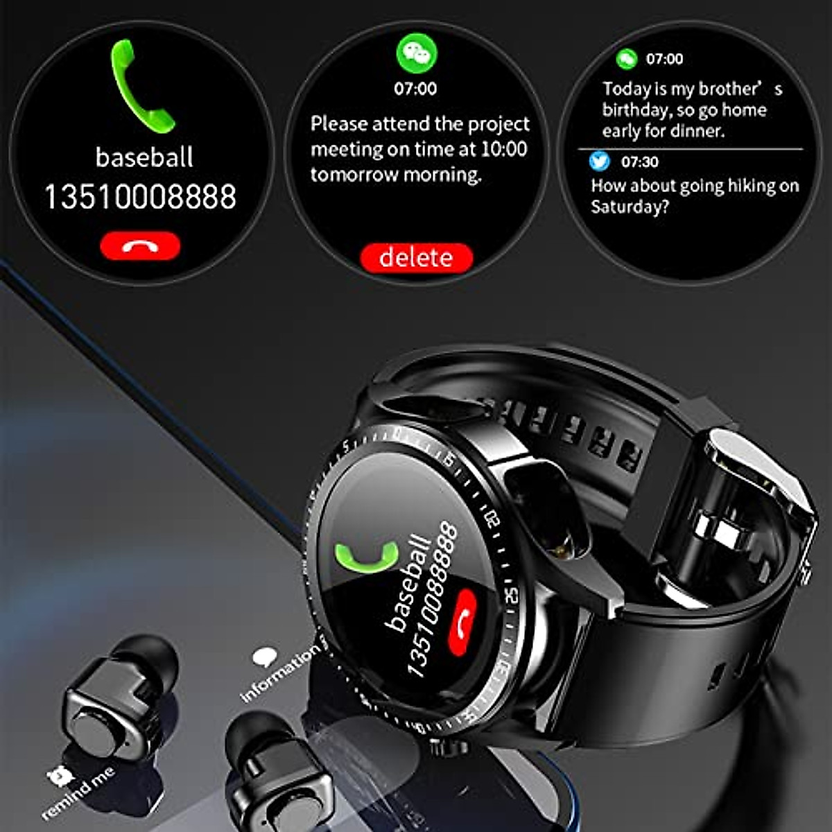 Smart Watch with Earbuds - 2 in 1 Round Fitness Track Watch, 1.28inch Smartwatch with Step, Heart Rate, Sleep Monitor, Waterproof Long Time Standby, Gifts for Men (Black)
