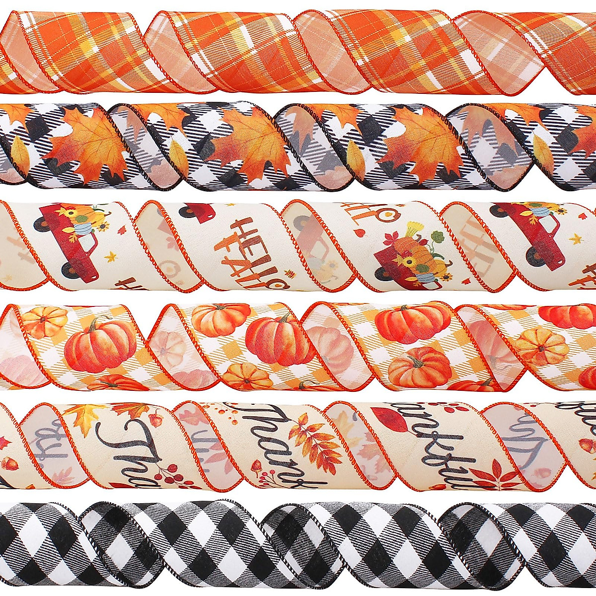 Fall Ribbon Wired 2 1/2 Inch x 30 Yards(6 Roll x 5 Yards), Thanksgiving Pumpkin Buffalo Plaid Ribbon with Wire for Wreaths Crafts Fall Decor