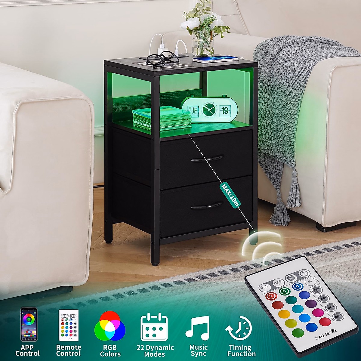 Yoobure Nightstand with Charging Station, LED Night Stand with Fabric Drawers and Storage Shelf for Bedroom, Nightstands Bedside Tables with USB Ports & Outlets, Small Night Stands, Bed Side Table