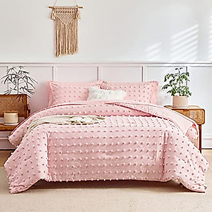 6 Pieces Tufted Dots Bed in a Bag Twin Comforter Set Girls Pink , Soft and Embroidery Shabby Chic Boho Bohemian Comforters, Luxury Solid Color with Pom Pom Design, Jacquard Tufts Bedding Set for Kids