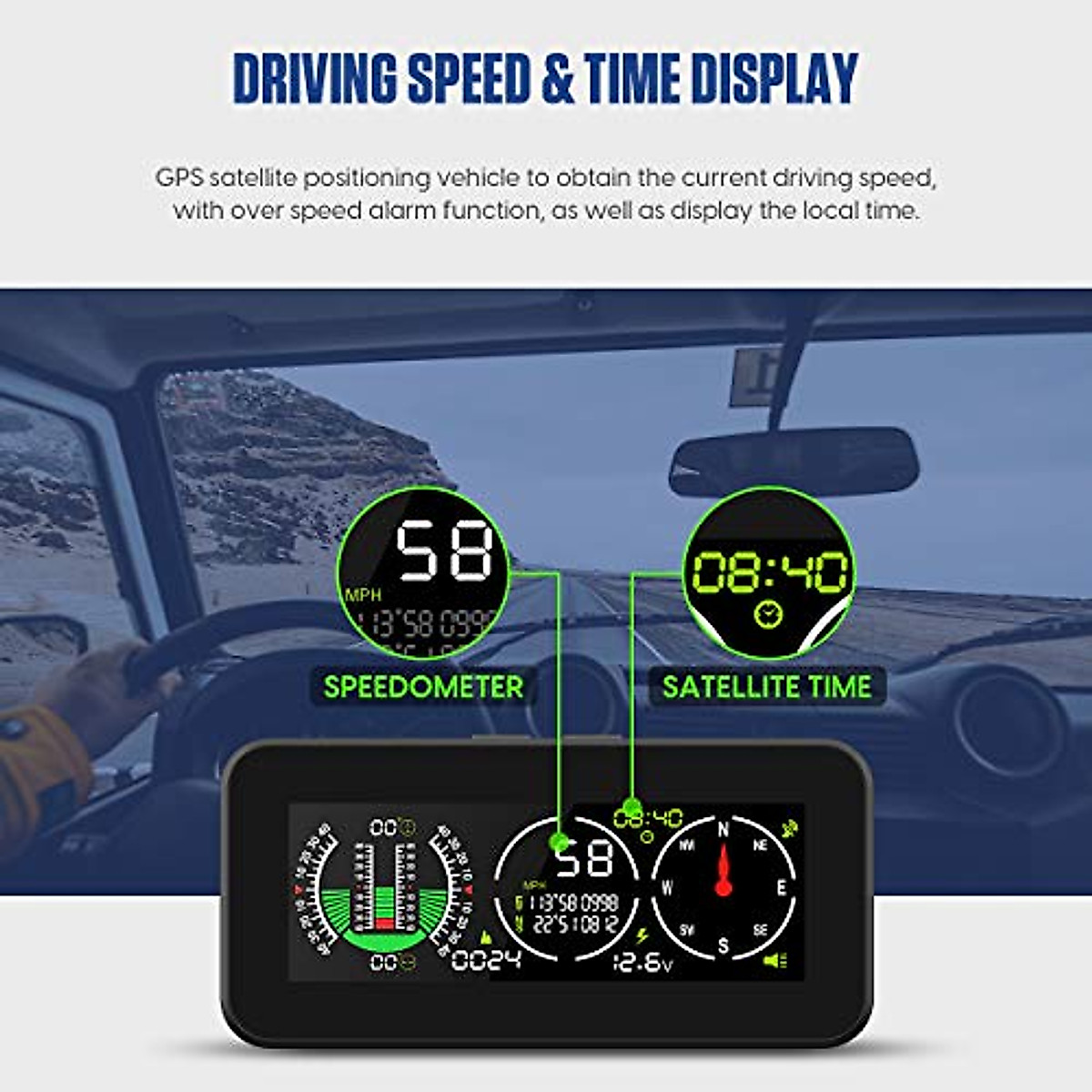 Car Inclinometer Level Tilt Meter, Digital HUD GPS Speed Slope Meter, Real-timie Speed, Vehicle tilt/Pitch Angle, Battery Voltage with HD LCD Display for 12V Off-Road Vehicle