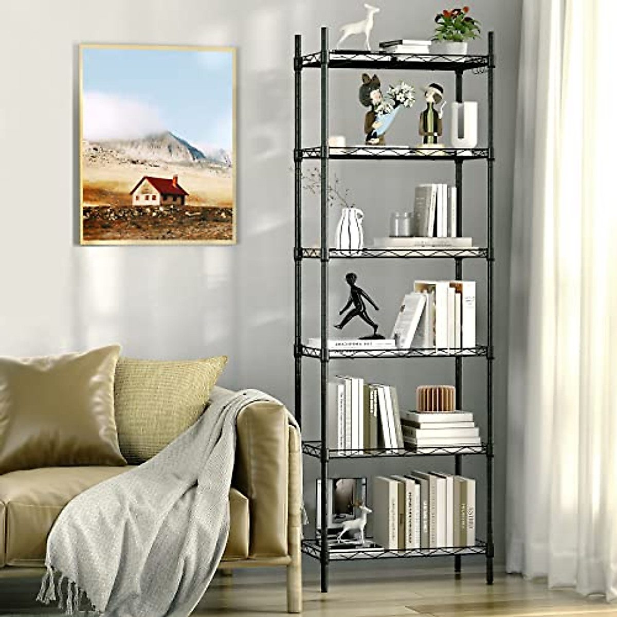 azamine 6-Tier Storage Shelves, Metal Storage Rack Adjustable Shelving Unit with 4 Hooks for Pantry Laundry Bathroom Kitchen Closet (21L x 11W x 70H, Black)