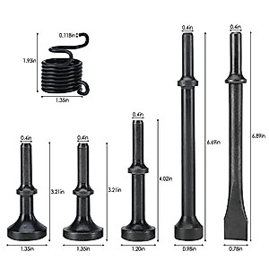YaeKoo 6Pcs Smoothing Air Hammer Tool Kit 0.4'' (10mm) Shank Extended Length Air Hammer Bits Accessories with One Pneumatic Chisel One Spring for Forming Metal Plates, Rivets, Tire Repair