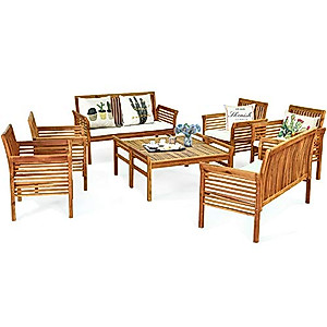 Tangkula 4 Piece Outdoor Acacia Wood Sofa Set w/Water Resistant Cushions, Padded Patio Conversation Table Chair Set w/Coffee Table for Garden, Backyard, Poolside (2)