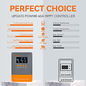 PowMr MPPT 60a Solar Charge Controller 12V 24V 36V 48V Max 2080W 150 Input MPPT Charger w/LCD