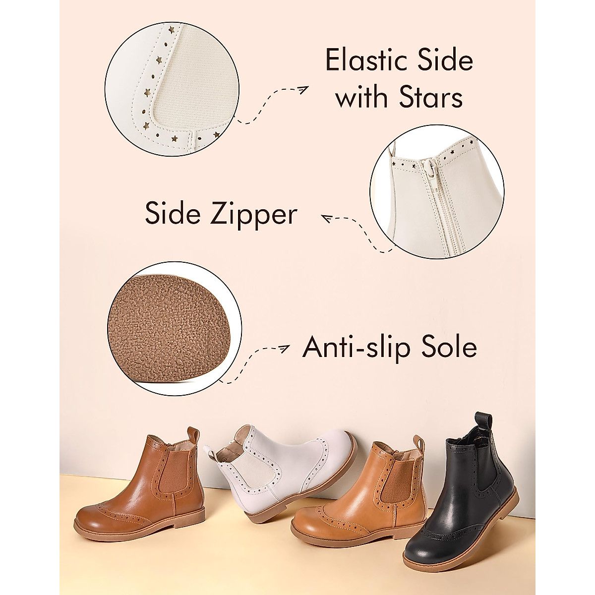 Coutgo Girls Chelsea Ankle Boots Side Zipper Comfortable Combat Dress Booties for Toddler/Little Kid/Big Kids, Beige, Size 2