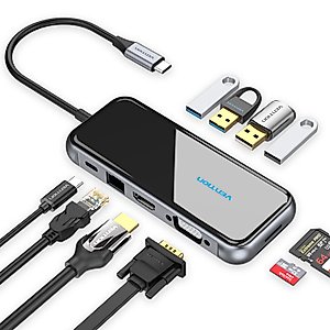 VENTION USB C Docking Station Dual Monitor - 10 in 1 USB C Hub Multiport Adapter with 4K HDMI VGA 100W PD 4 USB Ports Gigabit Ethernet SD/TF Card Reader for MacBook Pro Air Dell XPS HP