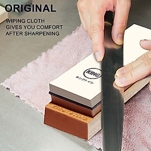 KING Whetstone Starter Set Include 1000/6000 Grit Combination Whetstone made in Japan, Knife Angle Holder, B&B Japan Original Wiping Cloth and Stable Plastic Base