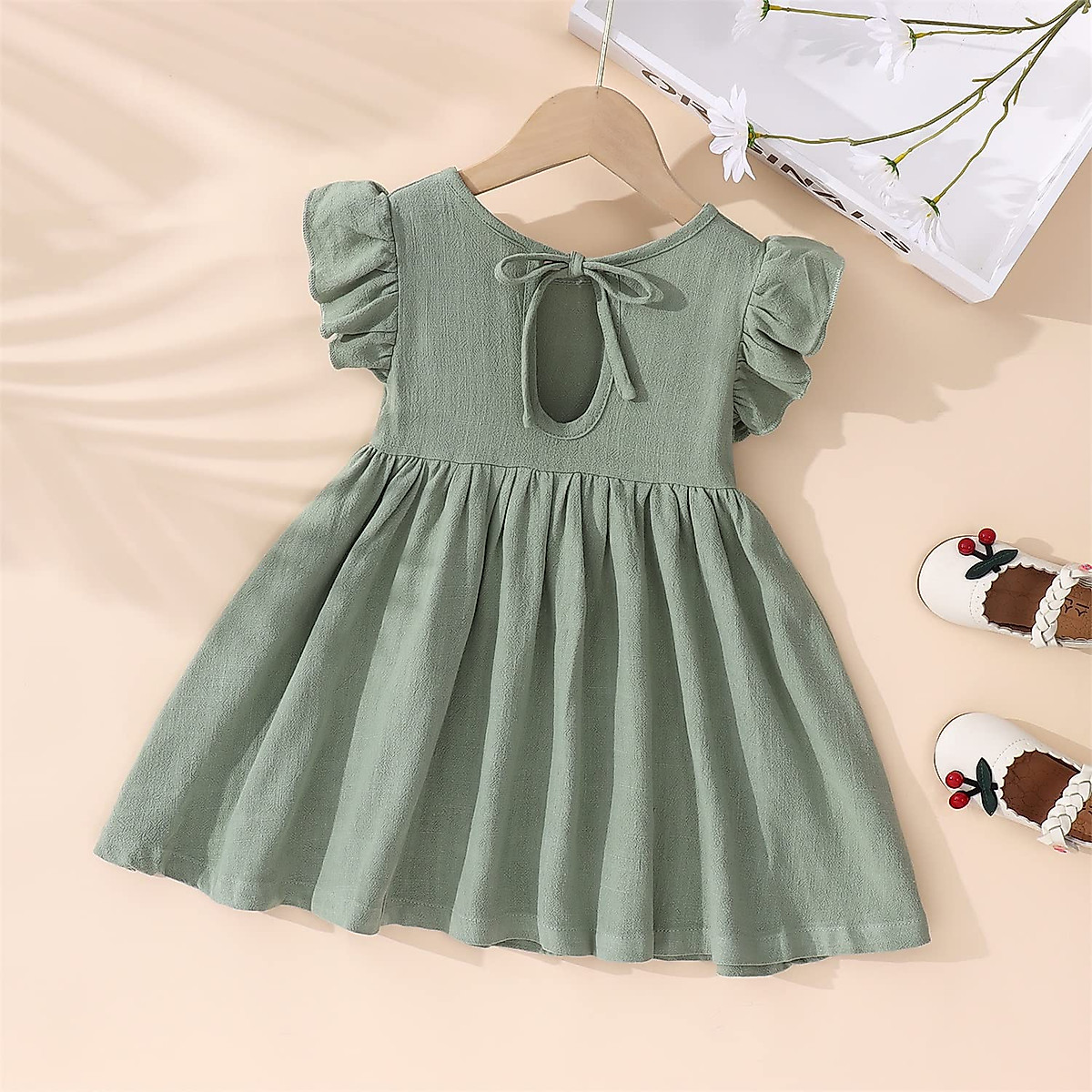 Toddler Baby Girl Dress Summer Cotton Linen Ruffle Halter Sleeveless Kids Casual Beach Party Dresses 2-7 Years (Grey Green, 4-5T, 4_Years)