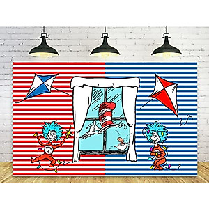 Red and Blue Stripes Backdrop Party Supplies, Dr Seuss Birthday Theme Photo Background, Cat in The Hat Banner for Birthday Party Caketable Decoration, 5x3ft