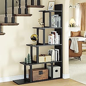 YITAHOME 5-Shelf Bookshelf, L-Shape Freestanding Ladder Corner Bookcase, Modern Minimalist Style Multipurpose Storage Display Rack for Living Room Bedroom Hallway Office, Black