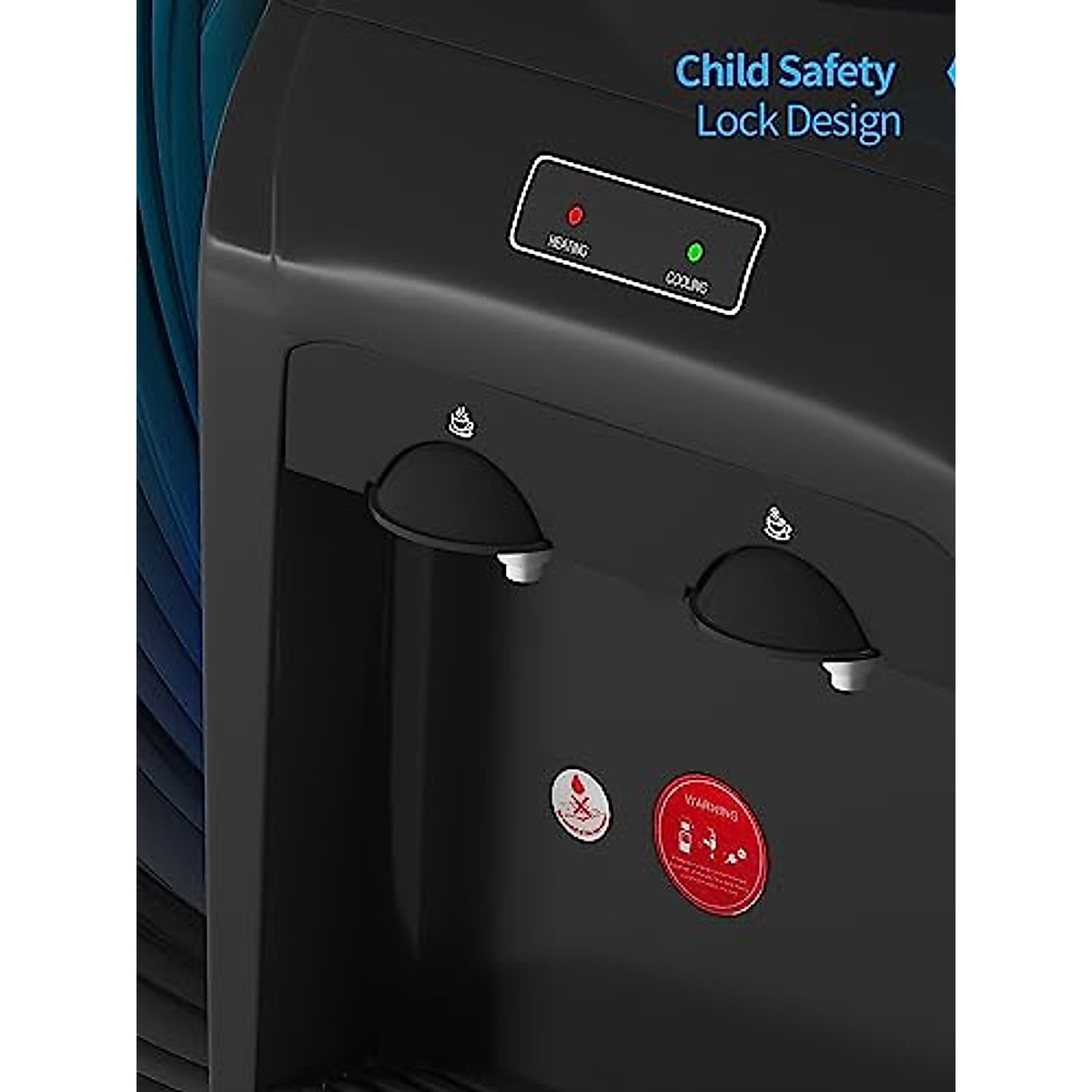 TABU Countertop Water Cooler Dispenser, Top Loading Water Cooler, Hot & Cold Water Dispenser, Holds 3 or 5 Gallon Bottle, with Anti-Scalding Design and Child Safety Lock for Home, Office Use (Black)