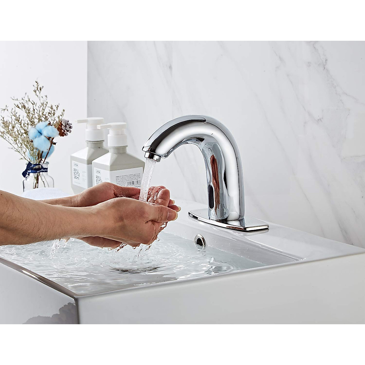 Automatic Sensor Touchless Bathroom Sink Faucet with Hole Cover Plate Chrome Dual Powered Vanity Bathroom Faucets