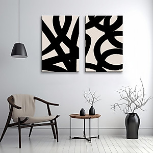 Framed Abstract Wall Art Canvas Set Lines Pictures Modern Mid Century Boho Wall Decor Minimalist Abstract Black Stroke Lines Canvas Painting Artwork Living Room Bedroom Home Office 16"x24"x2