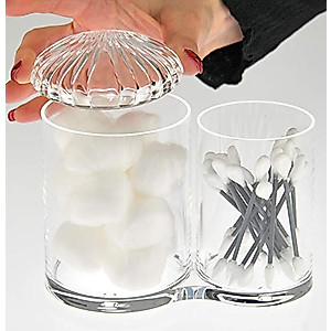 Home-X Clear Acrylic Cotton Ball and Swab Holder Set, 2 Attached Jars with Seashell Lids for Bathroom Storage, 6" L x 3 ¼ " W x 4 ¾ " H, Clear