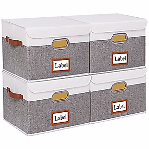 Yawinhe 4-Pack Storage Boxes with Lids, Storage Baskets Cubes, 13x9x7.9Inch, Fabric Storage Bins Organizer Containers with Dual Leather Handles for Home Bedroom Closet Office White/Grey