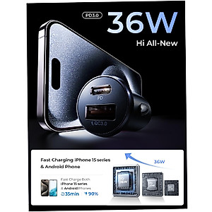 LISEN 54W USB C Car Charger Adapter [Mini & Metal] Cigarette Lighter USB Charger Fast Charging [PD QC 3.0] USBC Car Phone Charger for iPhone 15 Pro Max Plus 14 Samsung Galaxy S24 iPad Pro