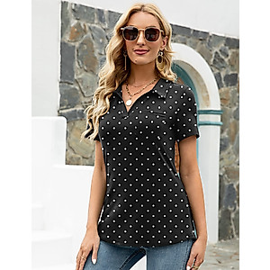 Black Collared Shirts for Women V Neck Golf Polos Short Sleeve Tunic Tops Business Casual Blouse Office Polka Dot L