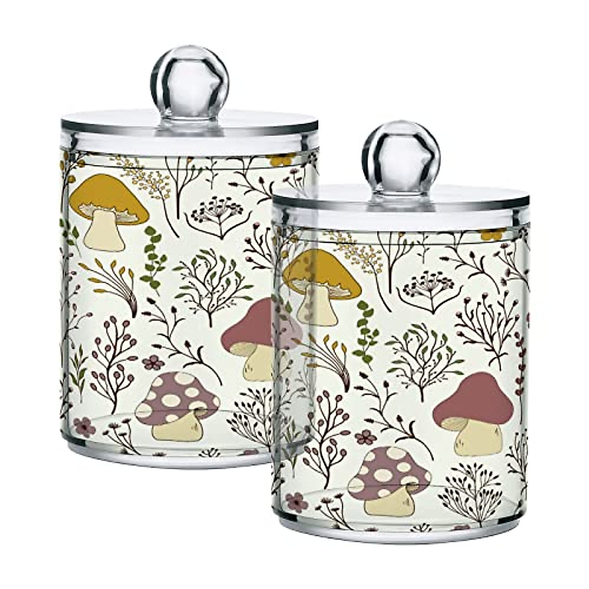 JUMBEAR 2 Pack Mushroom Qtip Holder Dispenser with Lid 14 oz Clear Plastic Apothecary Jar Set for Bathroom Vanity Organizers Storage Containers