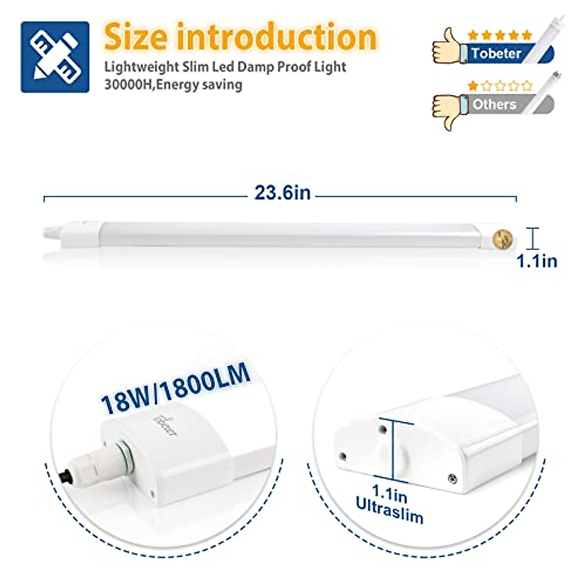 Tobeter 2PCS LED Vapor Tight Light Fixture, 2FT Utility LED Shop Lights with 18W 1800LM 4000K, Linkable LED Tube Lights, IP66 Waterproof Garage Ceiling Light for Basement Workbench Office Car Wash