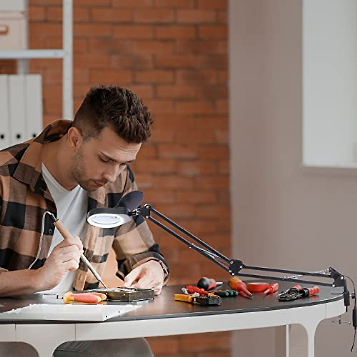YOCTOSUN Magnifying Desk Lamp with Clamp, 5X Real Glass Lens, 3 Color Modes Stepless Dimmable, Adjustable Arm Magnifying Glass with Light and Stand for Reading, Painting, Sewing & Crafts