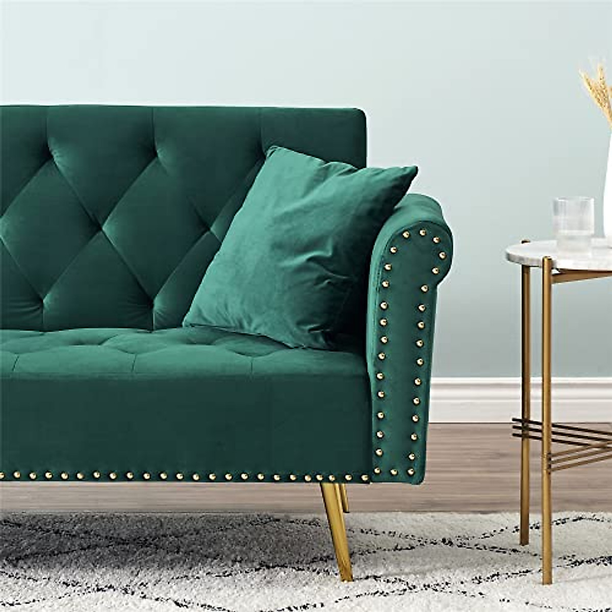 PBOGHLRD Convertible Velvet Loveseat Sofa, Upholstered Nail Head Futon Sofa Bed with Two Pillows, Modern Sleeper Couch Bed for Living Room, Bedroom, Home Office (Green)