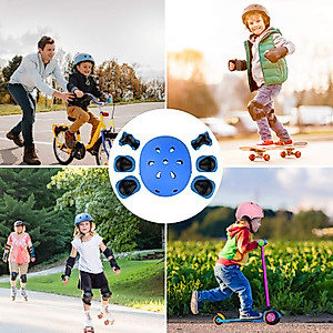 WayEee Kids Bike Helmet Set Skateboard Knee Pads, 7PCS Protective Gear Adjustable for Girls Boys 3-10 Age Elbow Pads Wrist Guards for Outdoor Sports Cycling Bike Roller Skating Scooter, Youth, Blue
