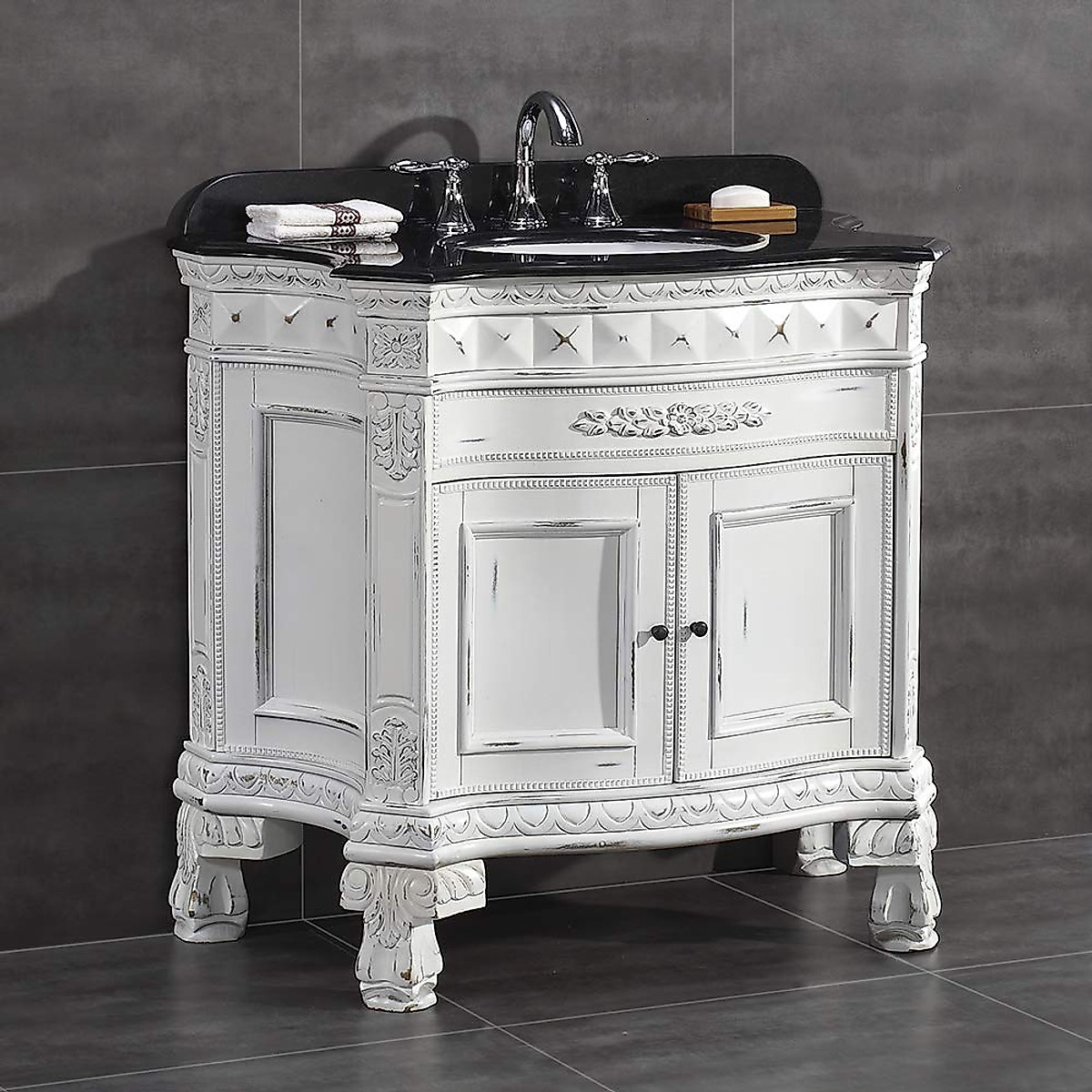 Ove Decors Islay 36 in. Bathroom Vanity and Sink Combo Carved Cabinet with Black Granite Top | Backsplash Included, 35 inches, Antique White Gold Brushed