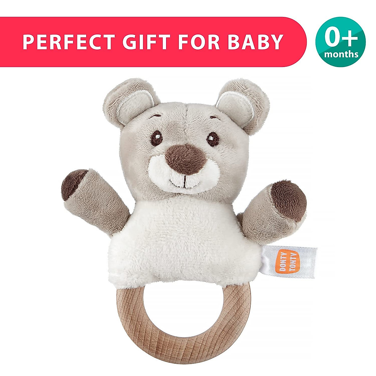 Donty-Tonty Premium Wood Baby Teether Rattle Toy Easter Gift Animals Soft Plush Shaker Toy with Natural Wooden Teething Ring Perfect Toddler, Newborn Boy, Girl Gifts for 0 3 6 9 12 Months - Grey Bear