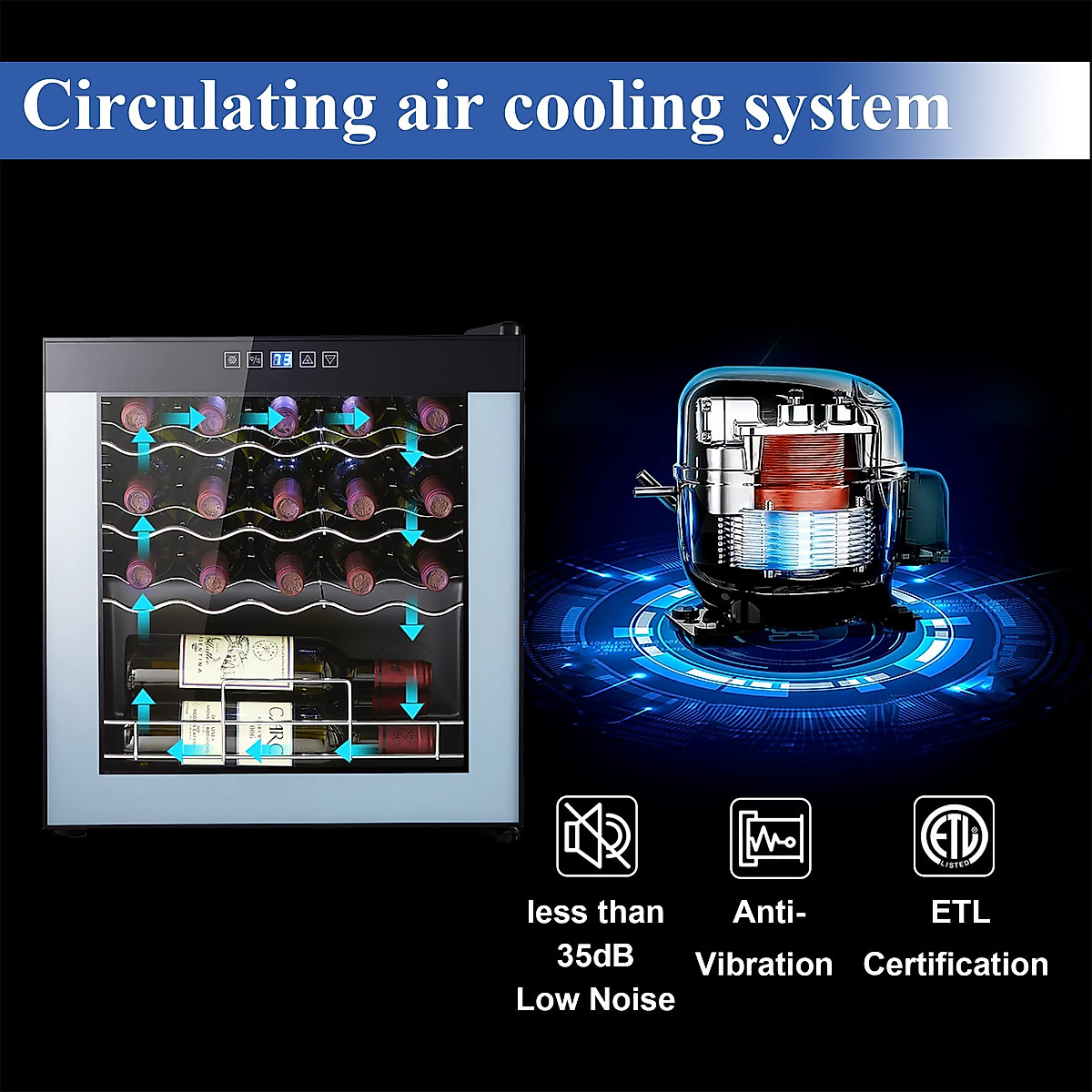 Vaykold Wine Refrigerator 19 Bottle Wine Cooler, Beverage Refrigerator Quiet Operation & LED Light Mini Fridge Glass Door, Wine Cellar for Beer, Red, White, Champagne or Sparkling Wine - Blue&gray