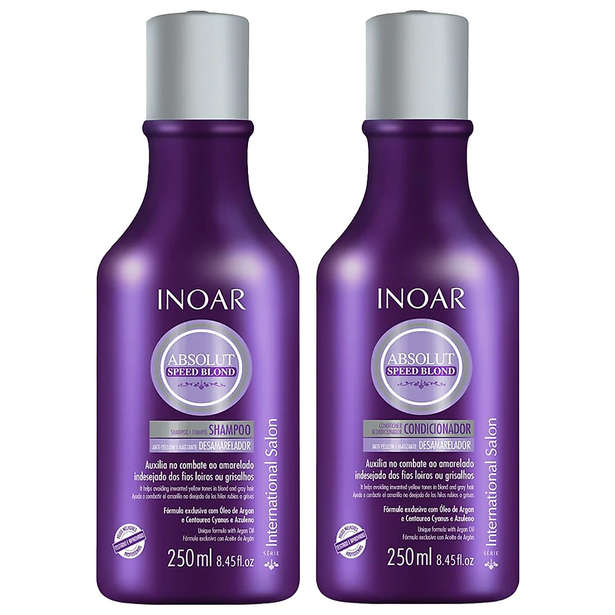 INOAR – Absolut Speed Blond Shampoo & Conditioner Set Designed for Bleached, Blonde, Brassy, and Grey Hair Types, Vegan Hair Product, Cruelty Free Haircare for Men and Women (2 Bottles, 8.5oz. each)