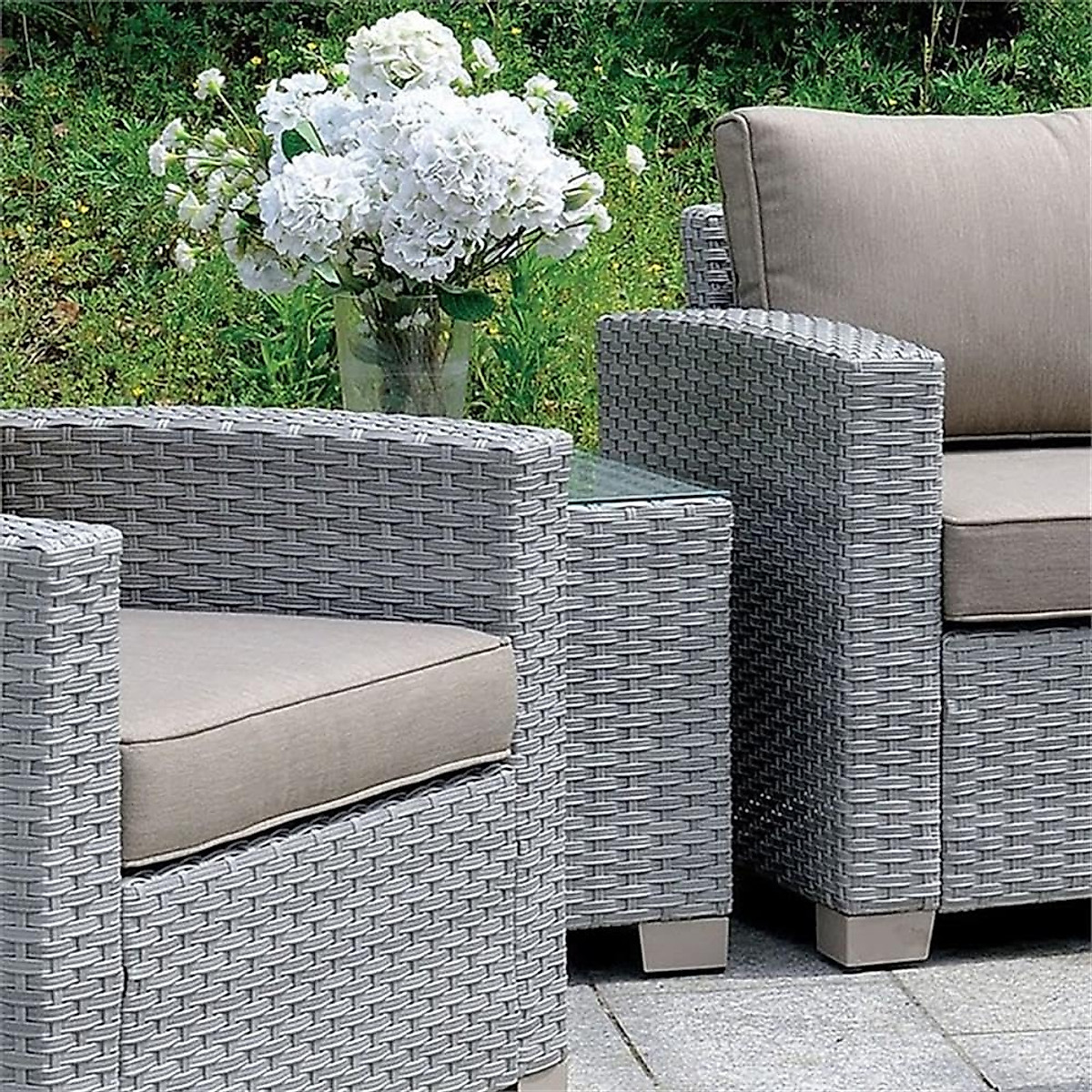 Furniture of America Condor Rattan Glass Top Patio End Table in Gray
