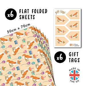 CENTRAL 23 Kids Wrapping Paper - 6 Sheets of Gift Wrap - Birthday Fox - For Baby Boys or Girls - Woodland - Comes with Stickers - Recyclable