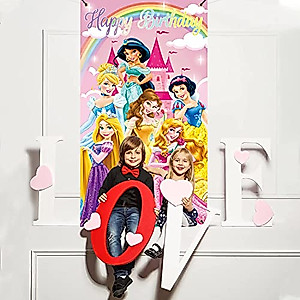 Princess Girls Birthday 36x72inch Door Cover Banner Cartoon Princess Pink Rainbow Castle Party Porch Sign Decor Kids1st 2nd Happy Birthday Indoor Outdoor Decoration Supplies