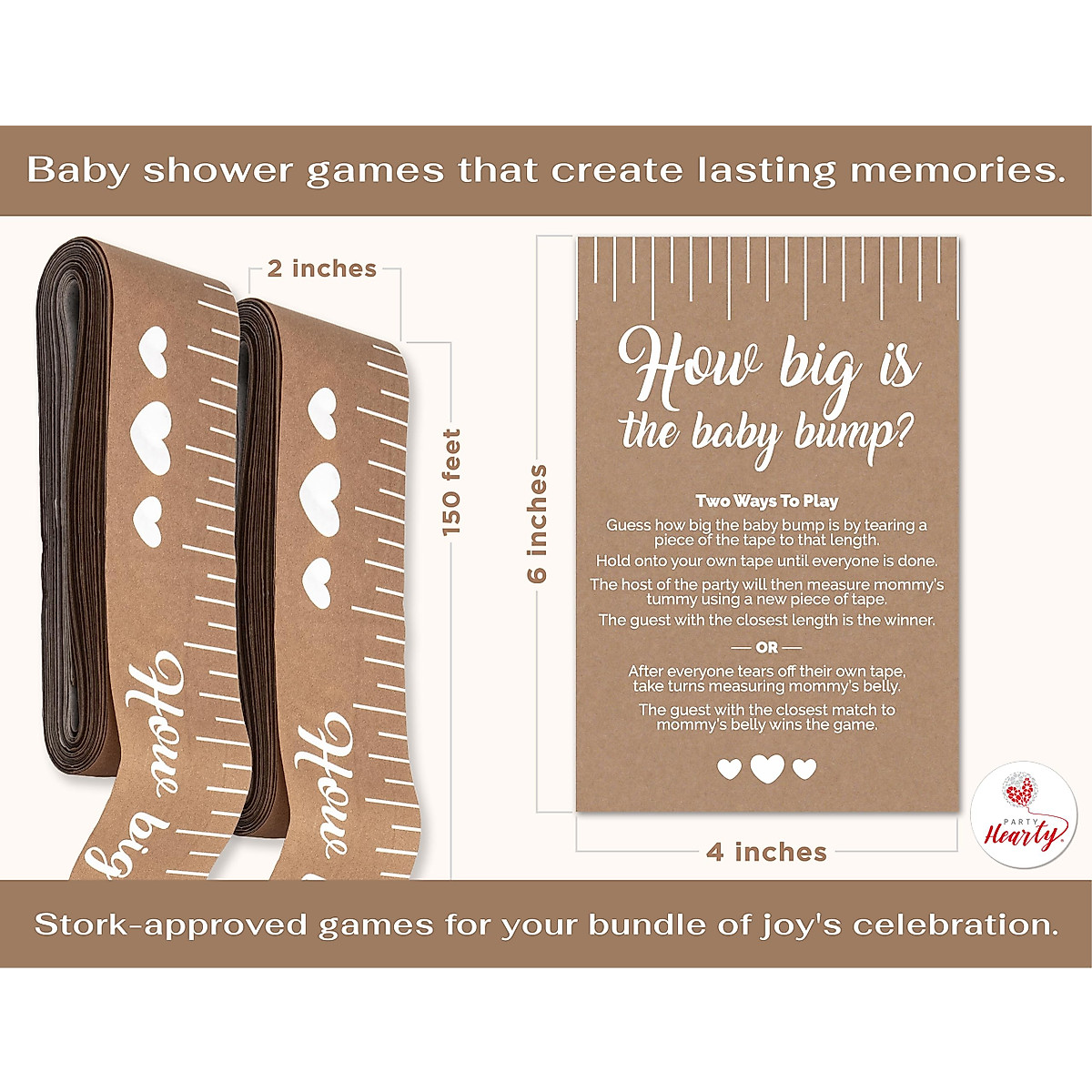 Party Hearty Funny Baby Shower Games for Girl or Boy Activities, 2 Rolls, 2 inches x 150 feet, Kraft Tummy Measure, Fun & Easy Idea