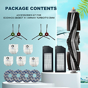 16Pack Replacement Parts Compatible with ECOVACS DEEBOTX1 Omni / X1TURBO / X1 Plus /T10 Omni Robotic Vacuum Cleaner Accessories, 1 Roller Brush 2 HEPA Filters 5 Dust Bags 4 Side Brushes 4 Mop Pads