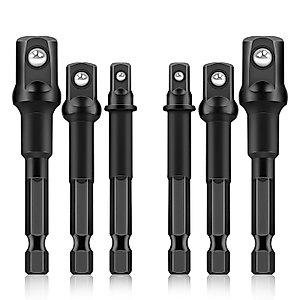 6PCS Impact Grade Socket Adapter Set, 1/4", 3/8", 1/2" Drive Drill Socket Adapter, Premium Cr-V Socket Driver Adaptor, Hex Shank Driver Socket Adapter for Cordless Drill, Screwdriver, Power Drill