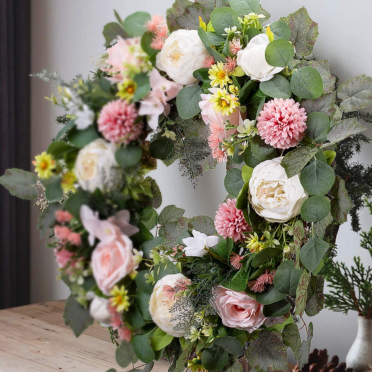 WANNA-CUL 24 Inch Large Spring Peony Flower Wreath for Front Door for Wedding,Pink Rose Floral Door Wreath with Rustic Grapevine Leaves,Bolocephalus Saussureoides for Wall