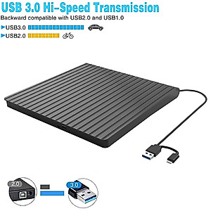 Gotega External CD/DVD Drive for Laptop USB-C & USB 3.0 CD/DVD ROM Drive Reader Writer Burner Compatible with Laptop PC MacBookMac Windows 10/8/7 Linux OS Apple