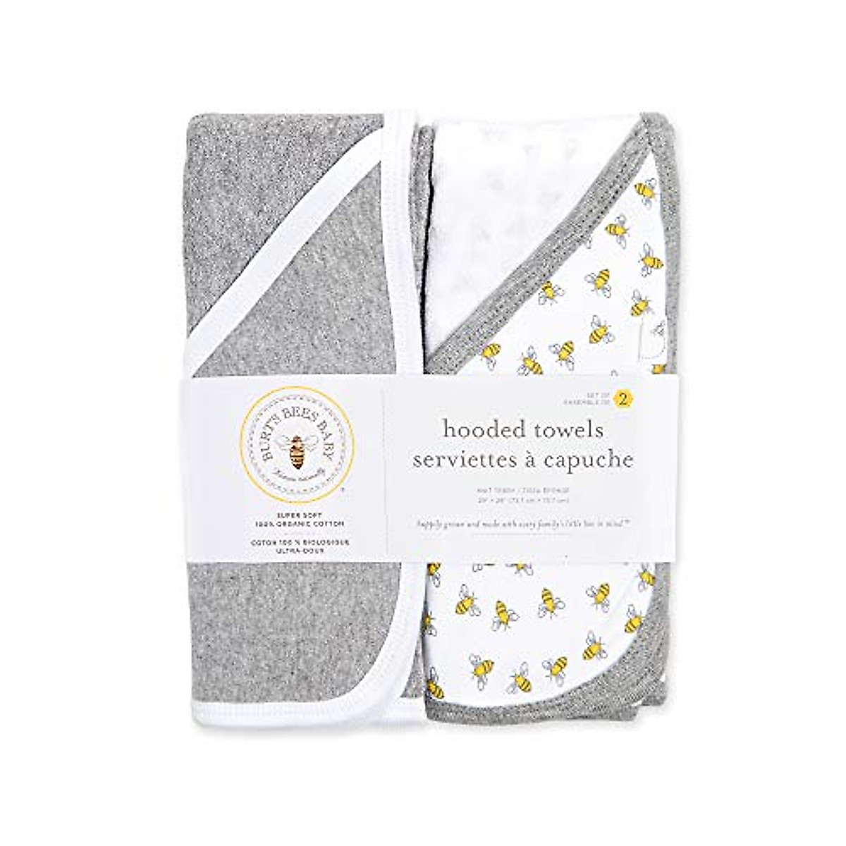 Burt's Bees Baby - Hooded Towels, Absorbent Knit Terry, Super Soft Single Ply, 100% Organic Cotton (Honey Bee/Grey, 2-Pack)
