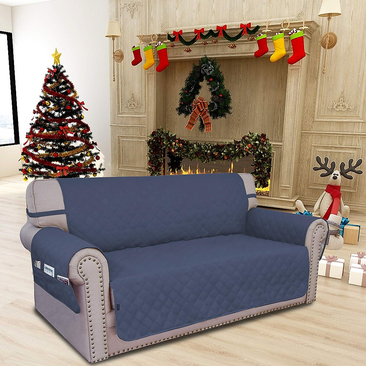 Easy-Going Sofa Slipcover Loveseat Cover Waterproof Couch Cover Washable Sofa Cover for 2 Cushion Couch Non-Slip Fabric Furniture Protector with Pocket for Pets Kids Dog Cat (Loveseat, Navy)