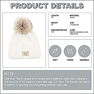 Funky Junque Girl's Knit Pom Beanie Hat: Diagonal Stripes Faux Fur Pom w/Patch (White)