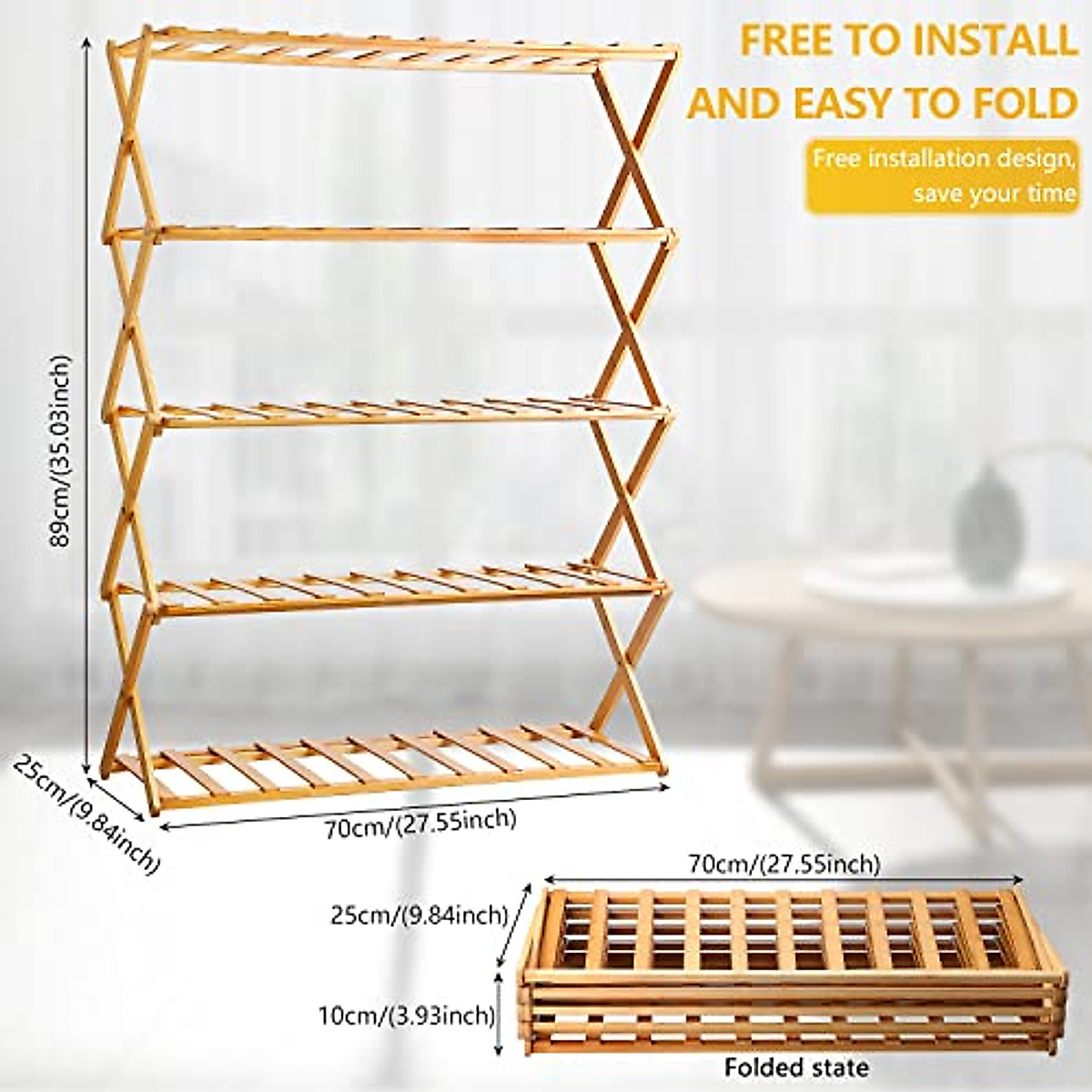 SAISN 5 Tier Wooden Shoe Rack Bamboo Shoes Storage Shelf Stackable Shoe Organizer Racks Multifunctional Free Standing Shoe Shelf Free Installation Foldable Shoe Stand for Entryway Hallway (Natural)
