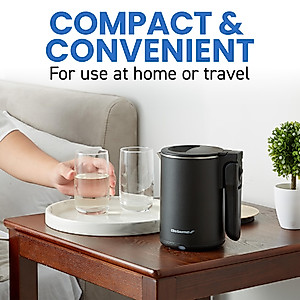 Elite Gourmet EKT719 Dual Volt 120-230V, Travel Double Wall Insulated Cool-Touch, 0.6L Electric Kettle, Stainless Steel Interior, Hinged-Locking Lid, Retractable Handle, Auto Shut-Off, Boil Dry, Black